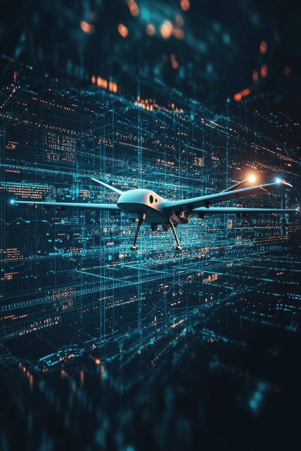 Advanced Drone Flying among Digital Grid with Data Streams and Glowing ...