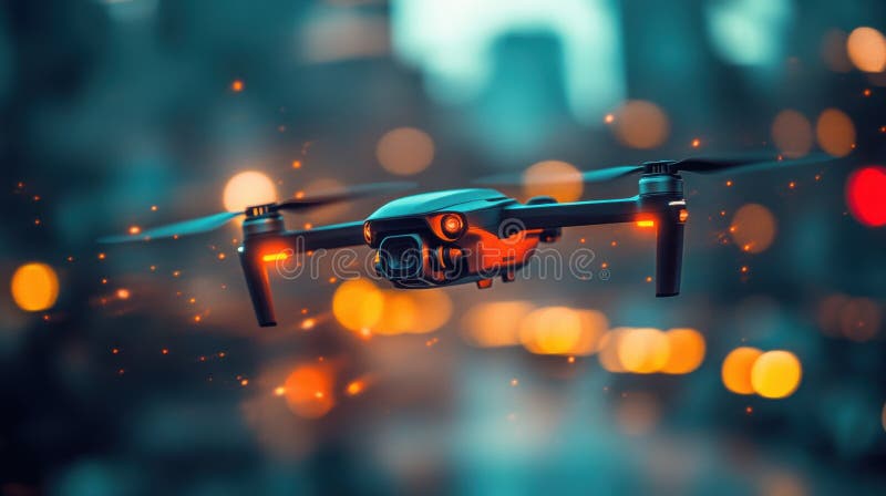 Advanced Drone Flying in Urban Nightscape with Blurred City Lights ...