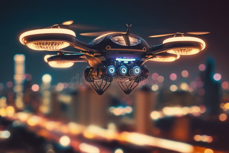 Advanced Drone from the Future Flying Over a City with Neon Lights ...