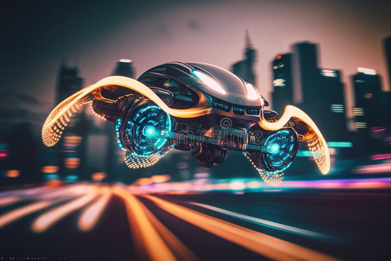 Advanced Drone from the Future Flying Over a City with Neon Lights ...