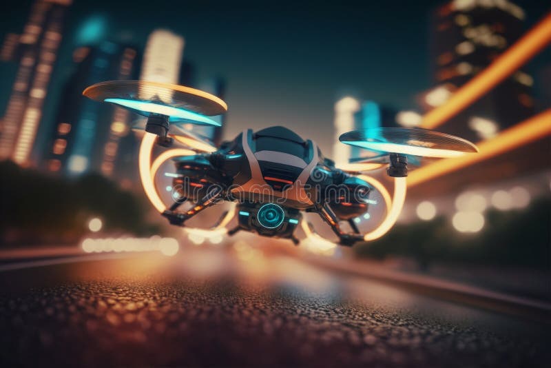 Advanced Drone from the Future Flying Over a City with Neon Lights ...