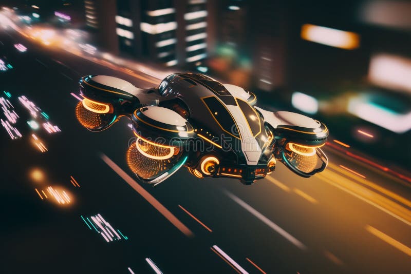 Advanced Drone from the Future Flying Over a City with Neon Lights ...