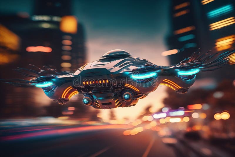 Advanced Drone from the Future Flying Over a City with Neon Lights ...