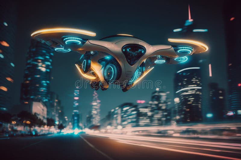 Advanced Drone from the Future Flying Over a City with Neon Lights ...
