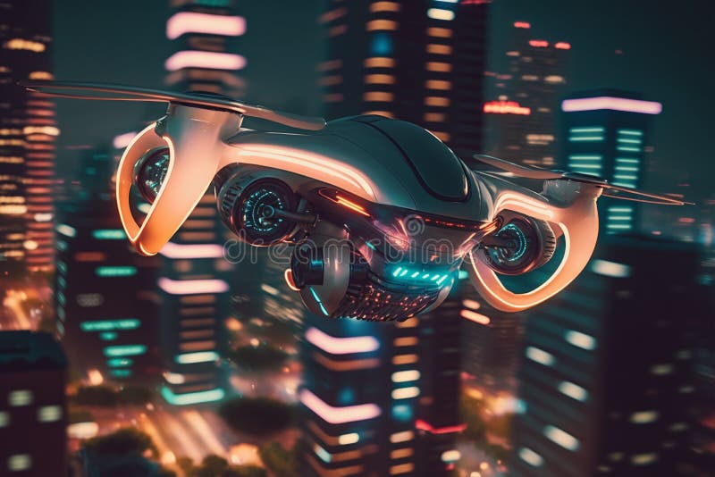 Advanced Drone from the Future Flying Over a City with Neon Lights ...
