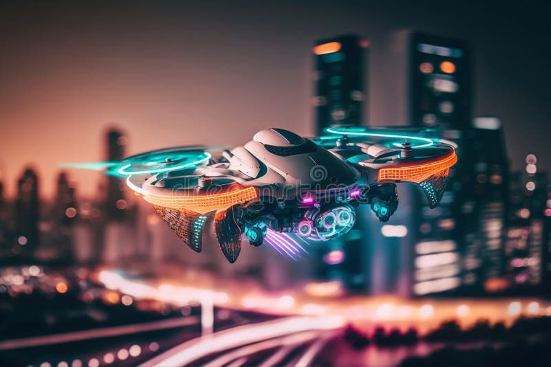 Advanced Drone from the Future Flying Over a City with Neon Lights ...