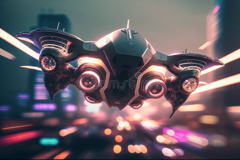 Advanced Drone from the Future Flying Over a City with Neon Lights ...