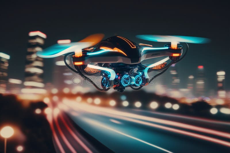 Advanced Drone from the Future Flying Over a City with Neon Lights ...