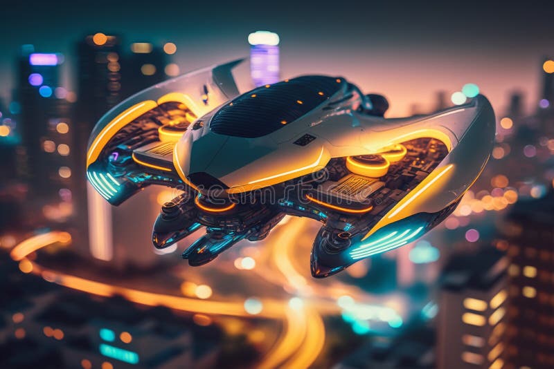 Advanced Drone from the Future Flying Over a City with Neon Lights ...