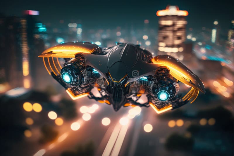 Advanced Drone from the Future Flying Over a City with Neon Lights ...