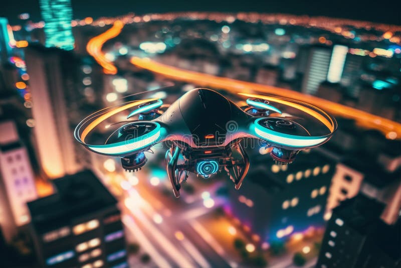 Advanced Drone from the Future Flying Over a City with Neon Lights ...