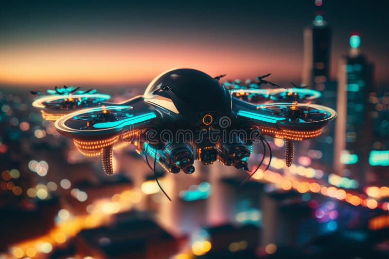 Advanced Drone from the Future Flying Over a City with Neon Lights ...