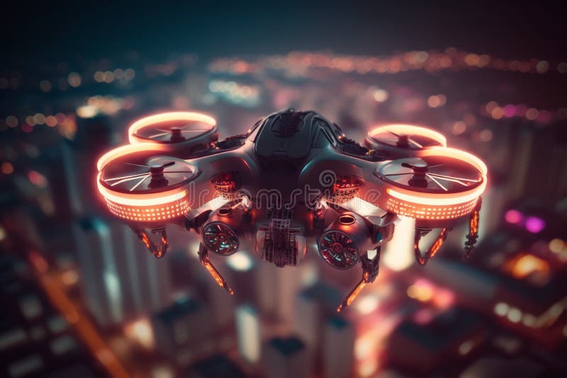 Advanced Drone from the Future Flying Over a City with Neon Lights ...
