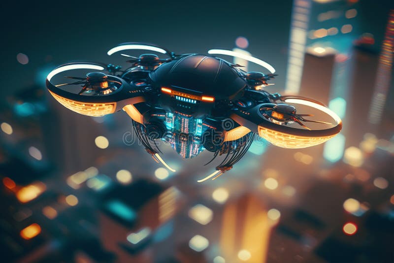 Advanced Drone from the Future Flying Over a City with Neon Lights ...