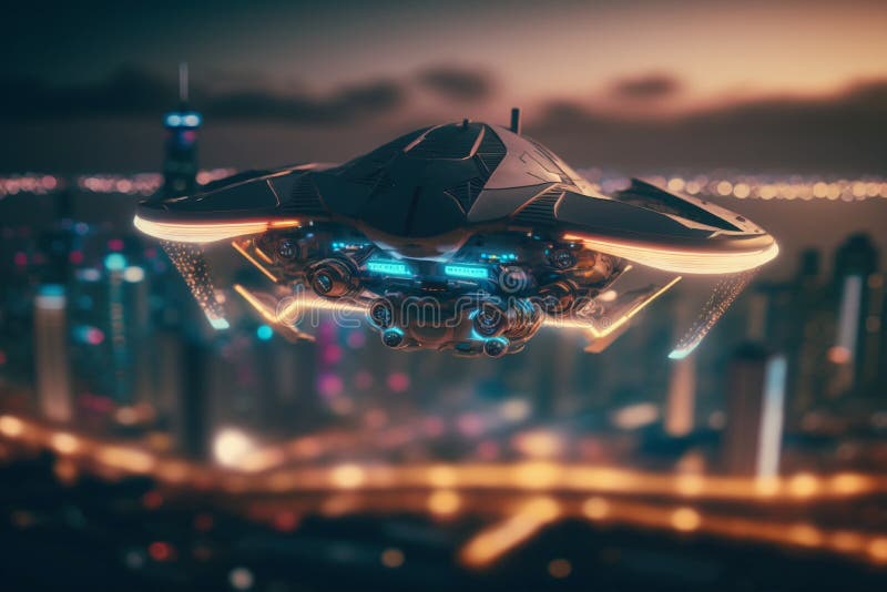Advanced Drone from the Future Flying Over a City with Neon Lights ...