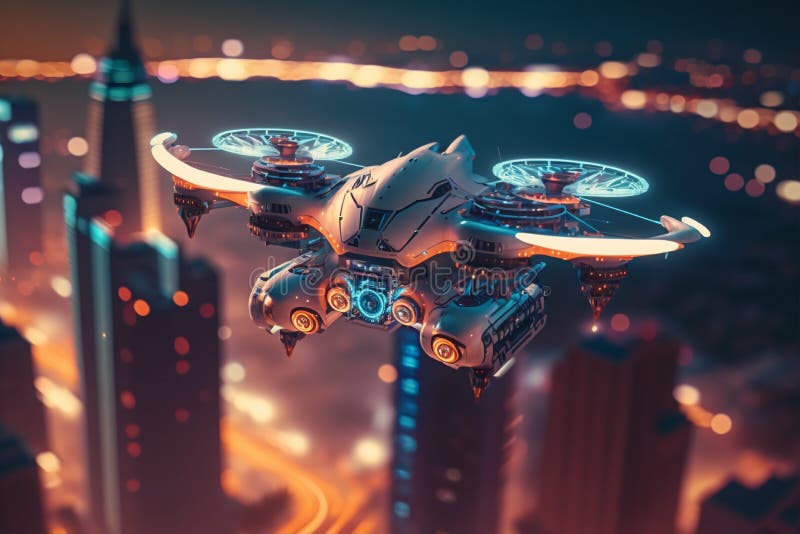 Advanced Drone from the Future Flying Over a City with Neon Lights ...