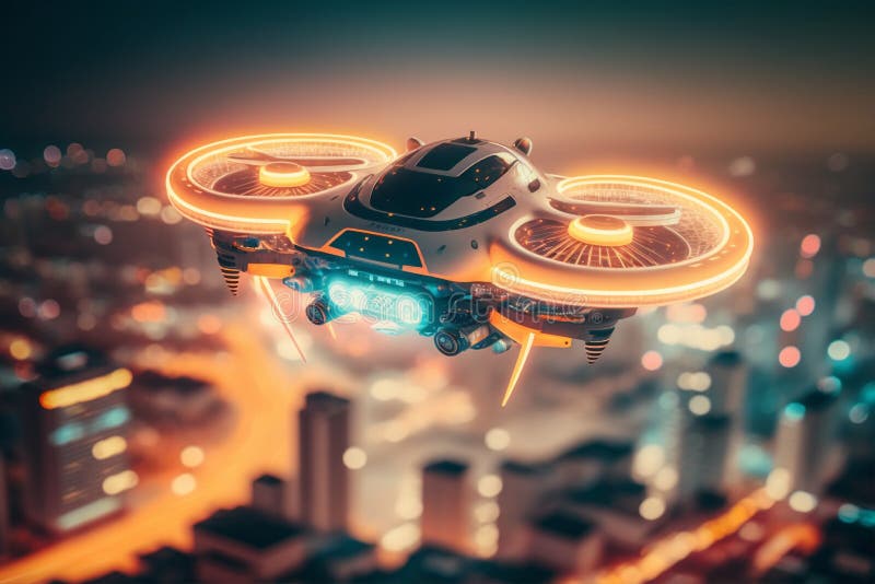 Advanced Drone from the Future Flying Over a City with Neon Lights ...