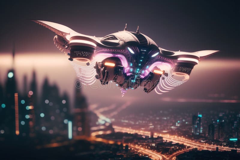 Advanced Drone from the Future Flying Over a City with Neon Lights ...