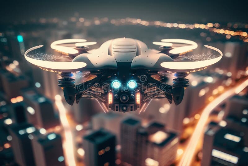 Advanced Drone from the Future Flying Over a City with Neon Lights ...