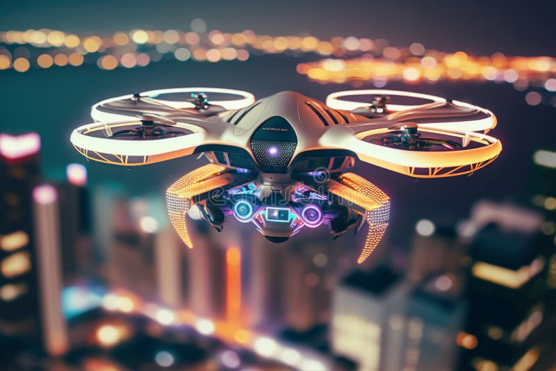 Advanced Drone from the Future Flying Over a City with Neon Lights ...