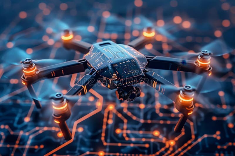Advanced Drone with Glowing Digital Circuitry and Propeller Hovering ...