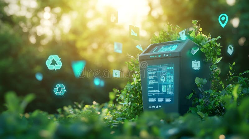 Advanced Eco-friendly Device Surrounded by Nature and Technology Stock ...