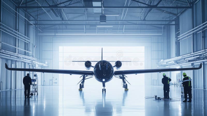 Advanced Electric Transport Aircraft Inside a Hangar with Technicians ...