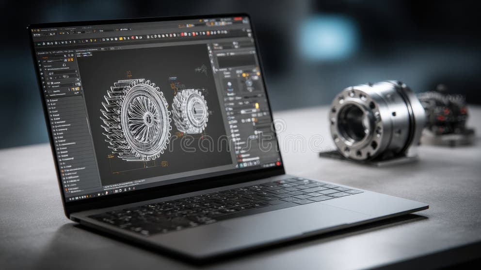 Advanced Engineering Design Displayed on a Laptop with Mechanical ...