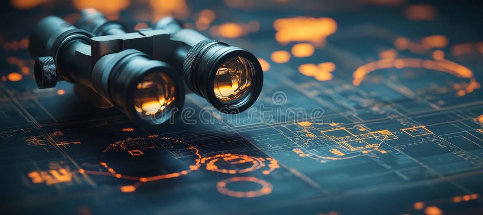 Advanced Engineering Technology Binoculars Rest on Blueprints for ...