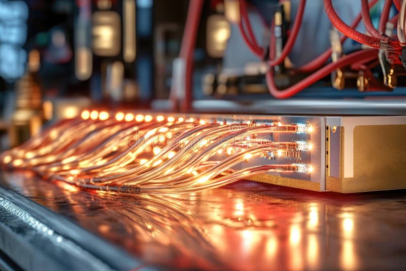Advanced Fiber Optic Cables with Glowing Lights in a Technology Lab ...