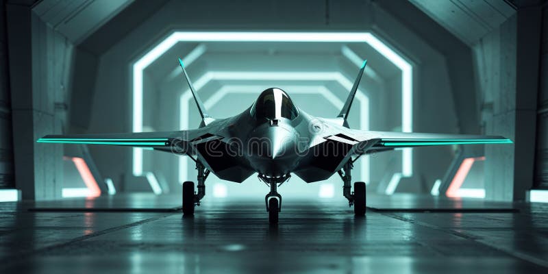 Advanced Fighter Jet with Glowing Teal Lights in a Futuristic Hangar ...