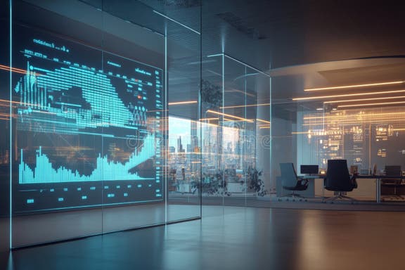 Advanced Financial Analytics are Visualized on a Sleek Glass Wall within a Contemporary ...
