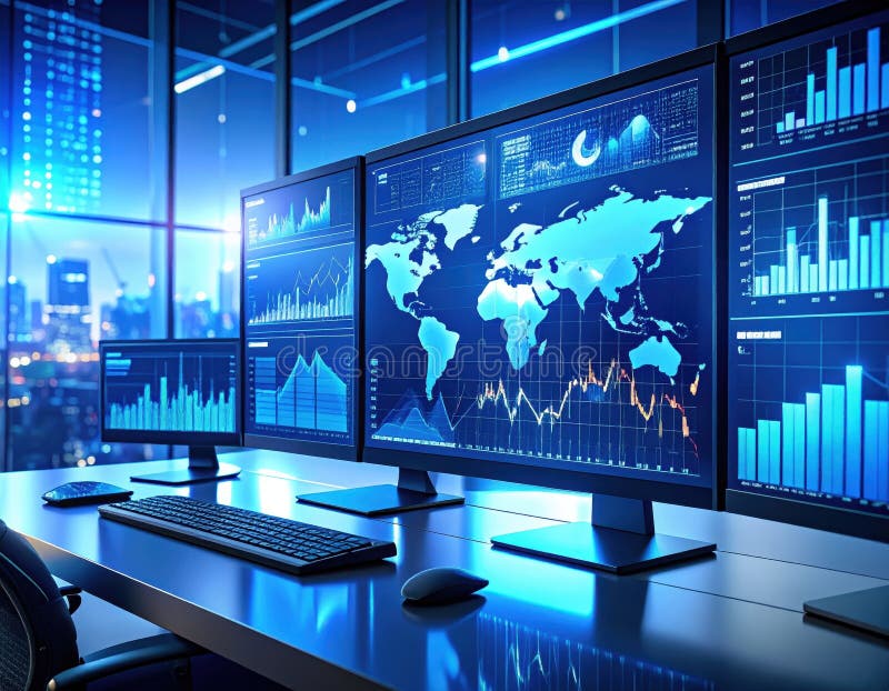 Advanced Financial Data Analysis with Multiple Screens Showing Global ...