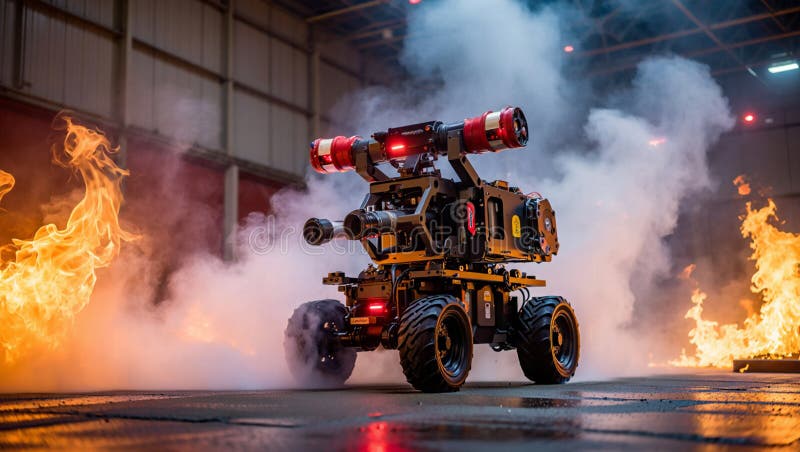 Advanced Firefighting Robot Deployed Amidst Intense Blaze and Thick ...