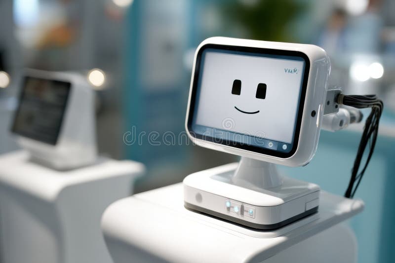 Advanced Floating Robotic Assistant with a Cheerful Interface and Display Screen Showcasing Its ...