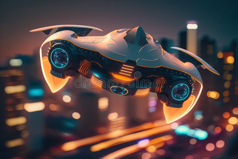 Advanced Drone from the Future Flying Over a City with Neon Lights ...