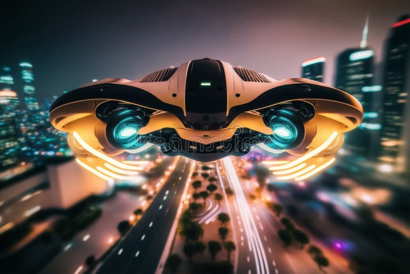Advanced Drone from the Future Flying Over a City with Neon Lights ...