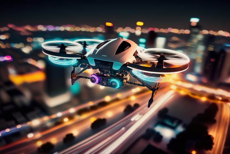 Advanced Drone from the Future Flying Over a City with Neon Lights ...