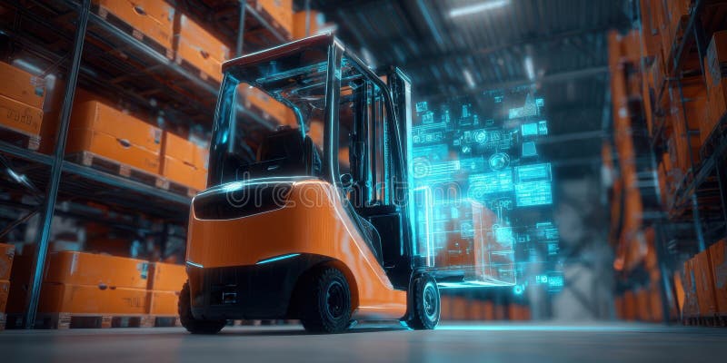 The Advanced Forklift in a High-tech Warehouse Showcasing Digital ...