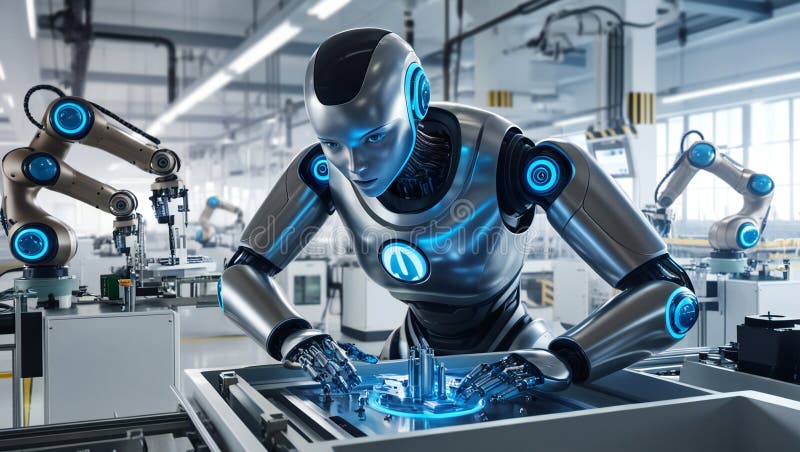 Advanced Futuristic Robot Operating in a High-Tech Factory Environment ...