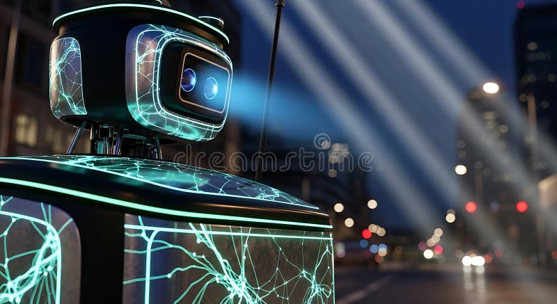 Advanced Futuristic Robot Projecting Blue Light Beam Engaging with ...