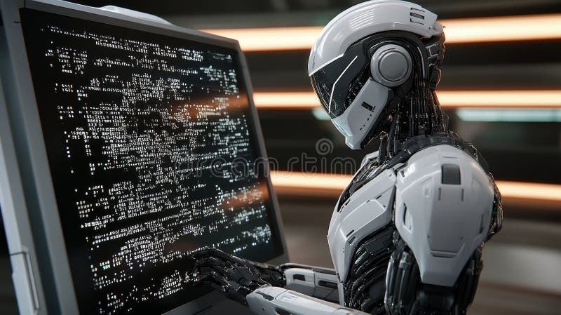 Advanced Futuristic Robot Working with Code. Programming and Technology Concept AI, Robotics ...