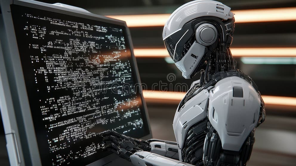 Advanced Futuristic Robot Working with Code. Programming and Technology ...