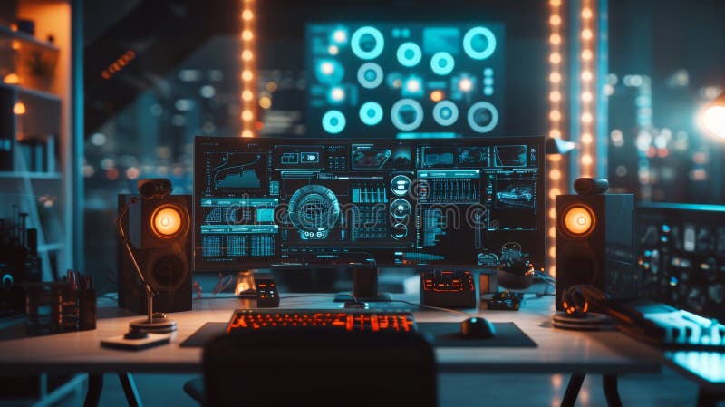Advanced Gaming and Cyber Command Setup with Neon Interface Stock Photo ...