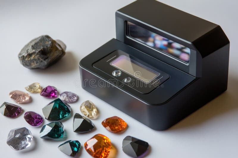 An Advanced Gem Testing Machine Sits Alongside a Variety of Colorful ...