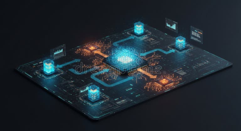 Futuristic AI Processor with Data Flow and Holographic Displays Stock Illustration ...