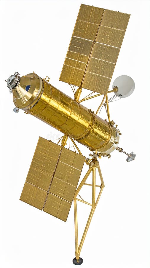 Advanced Golden Satellite Featuring Large Solar Panels and Dish Antenna ...