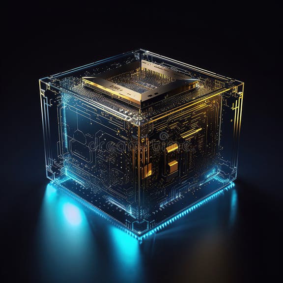 Advanced GPU Microchip Cube, Holographic Projection Over it, Black ...