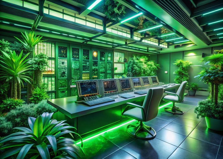 Advanced Green Technology Control Room Immersive LowLight Interior ...