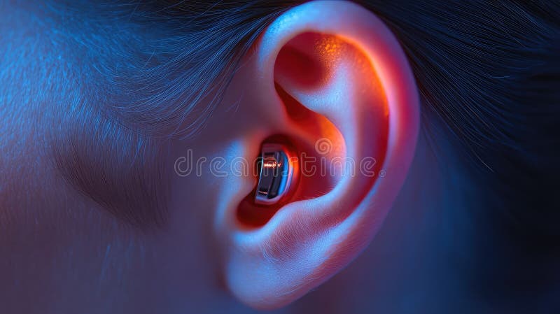 Advanced Hearing Aid Device on Human Ear, Enhancing Auditory Experience ...